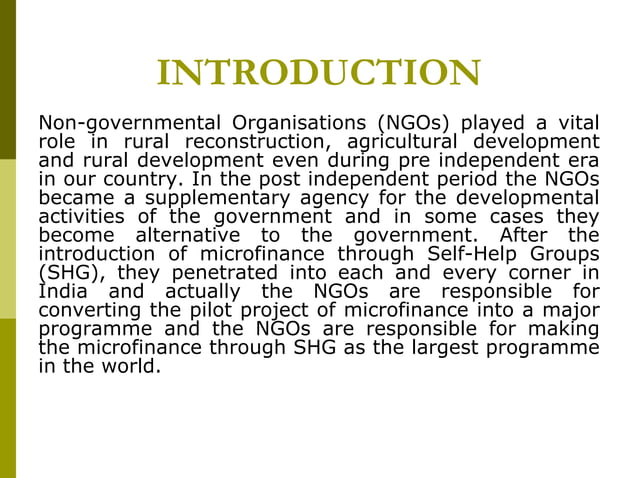 Role of ngo in microfinance | PPTX | Government Support and Welfare ...