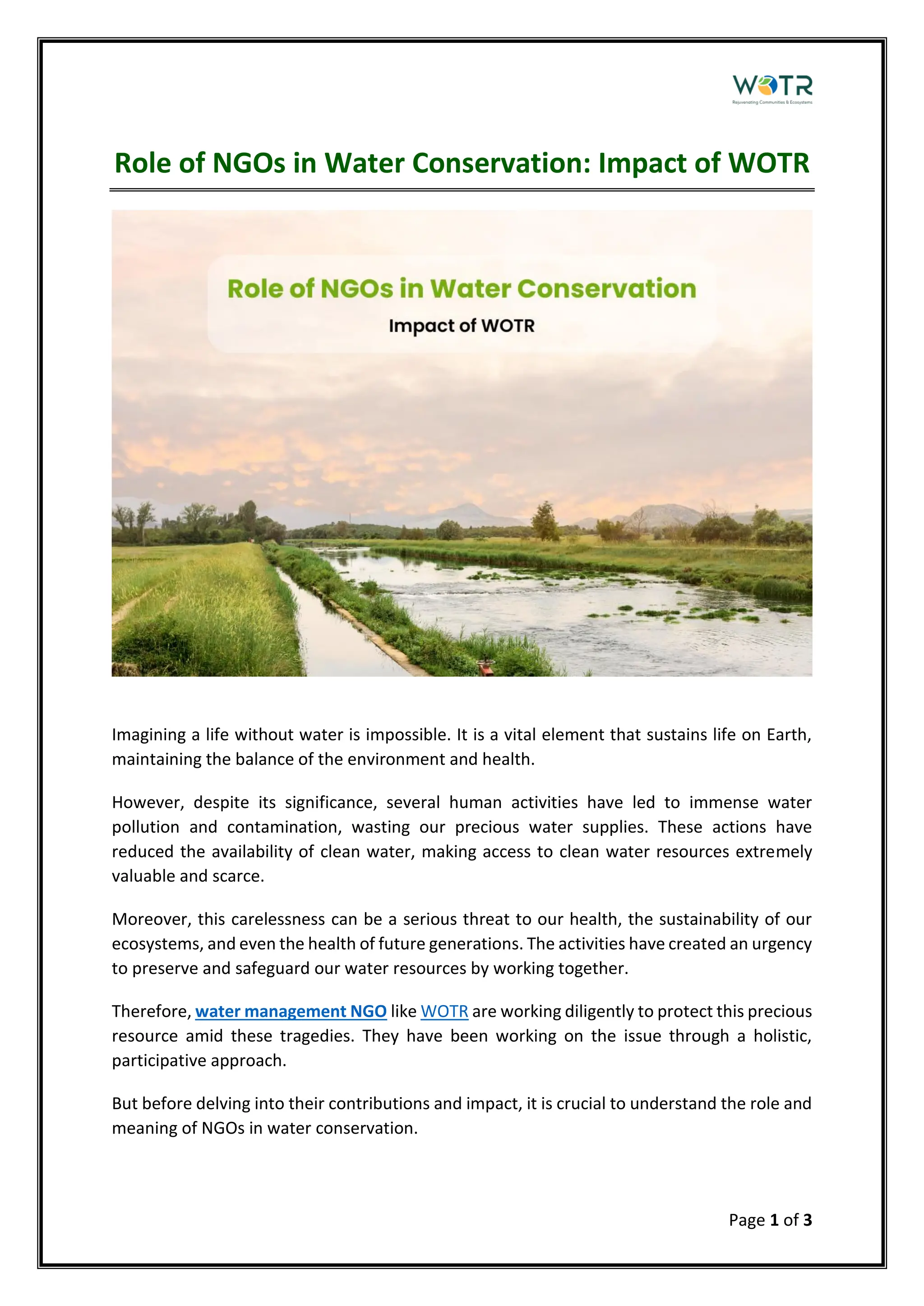 Role of NGOs in Water Conservation: Impact of WOTR | PDF