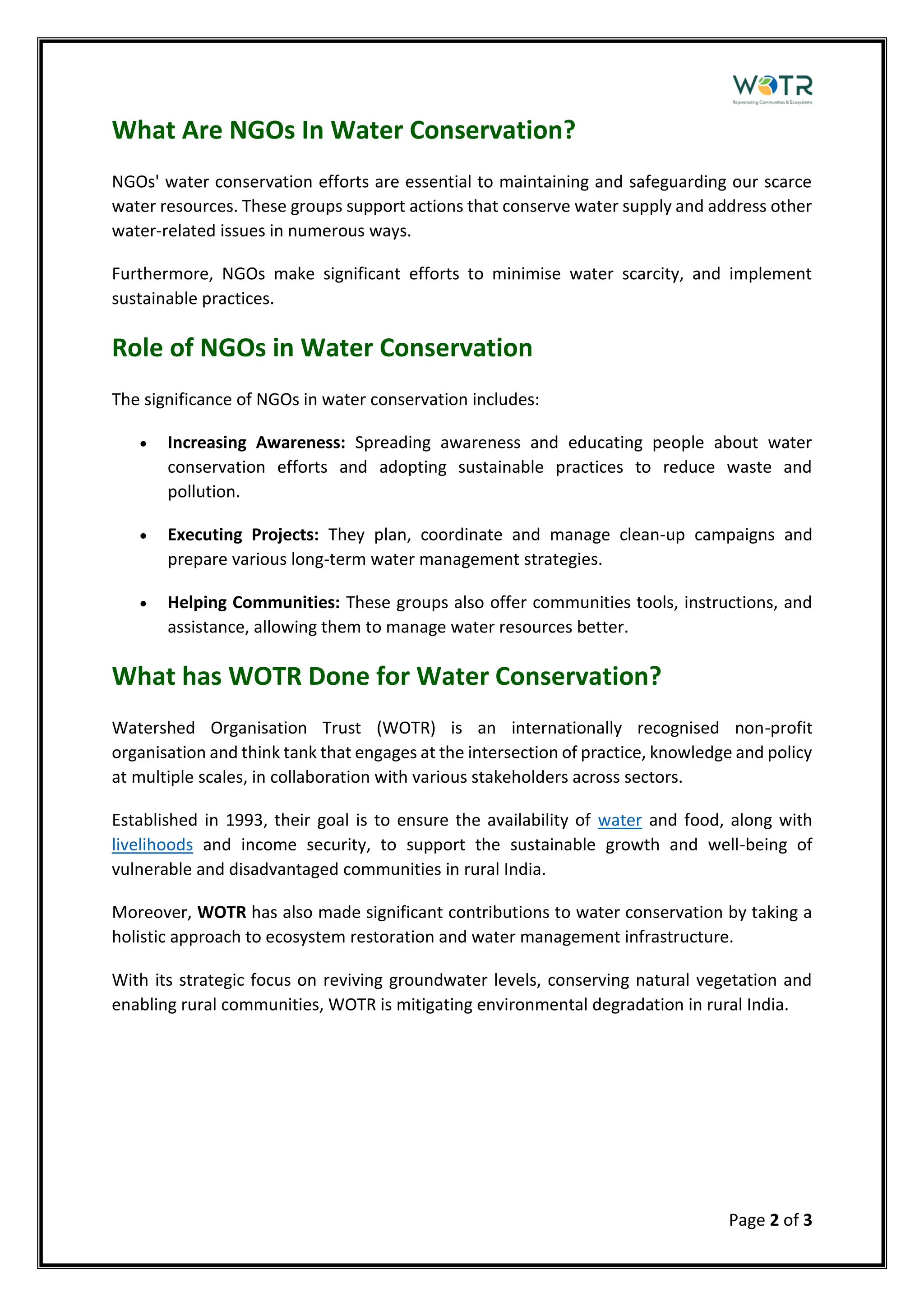 Role of NGOs in Water Conservation: Impact of WOTR | PDF
