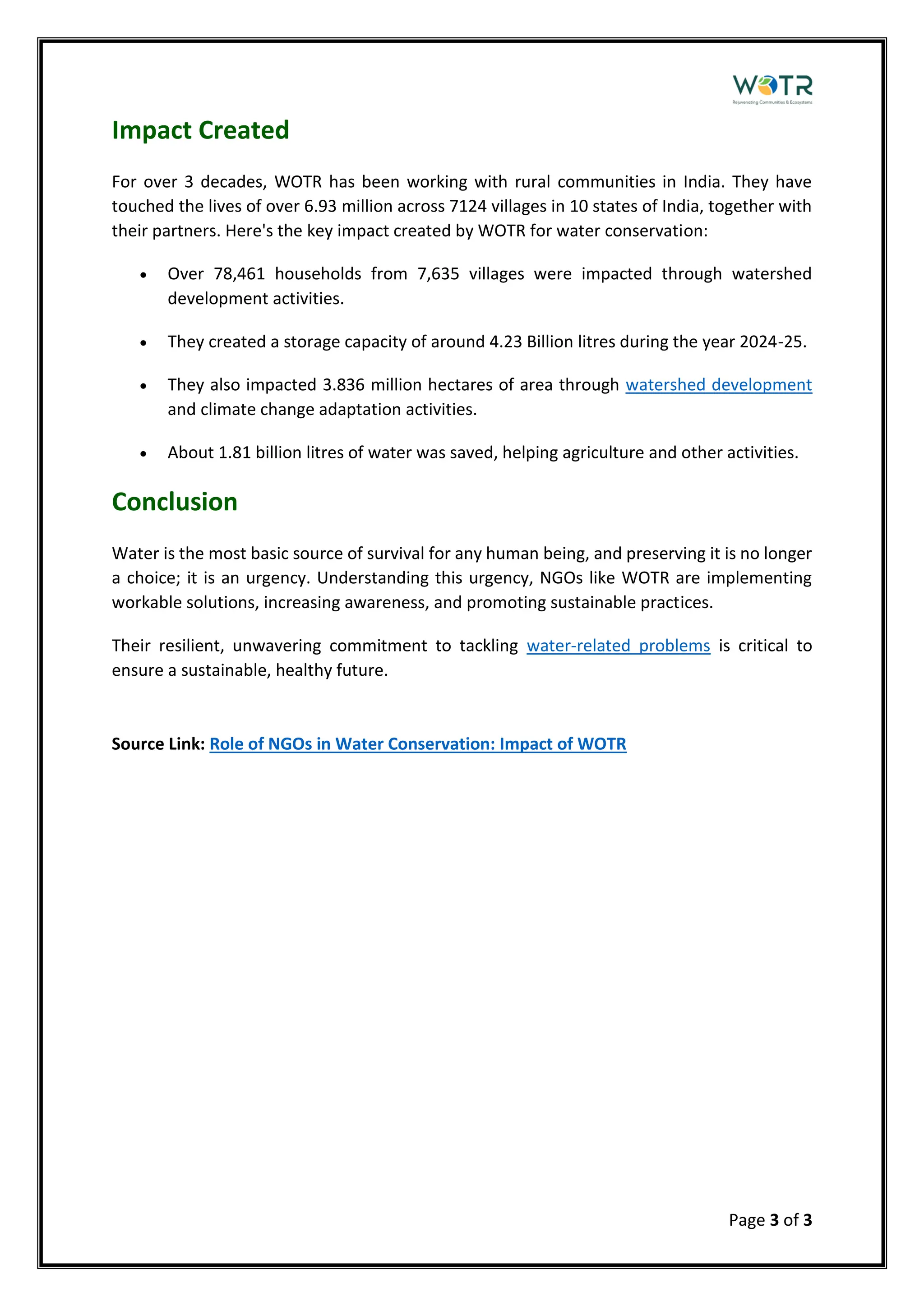 Role of NGOs in Water Conservation: Impact of WOTR | PDF