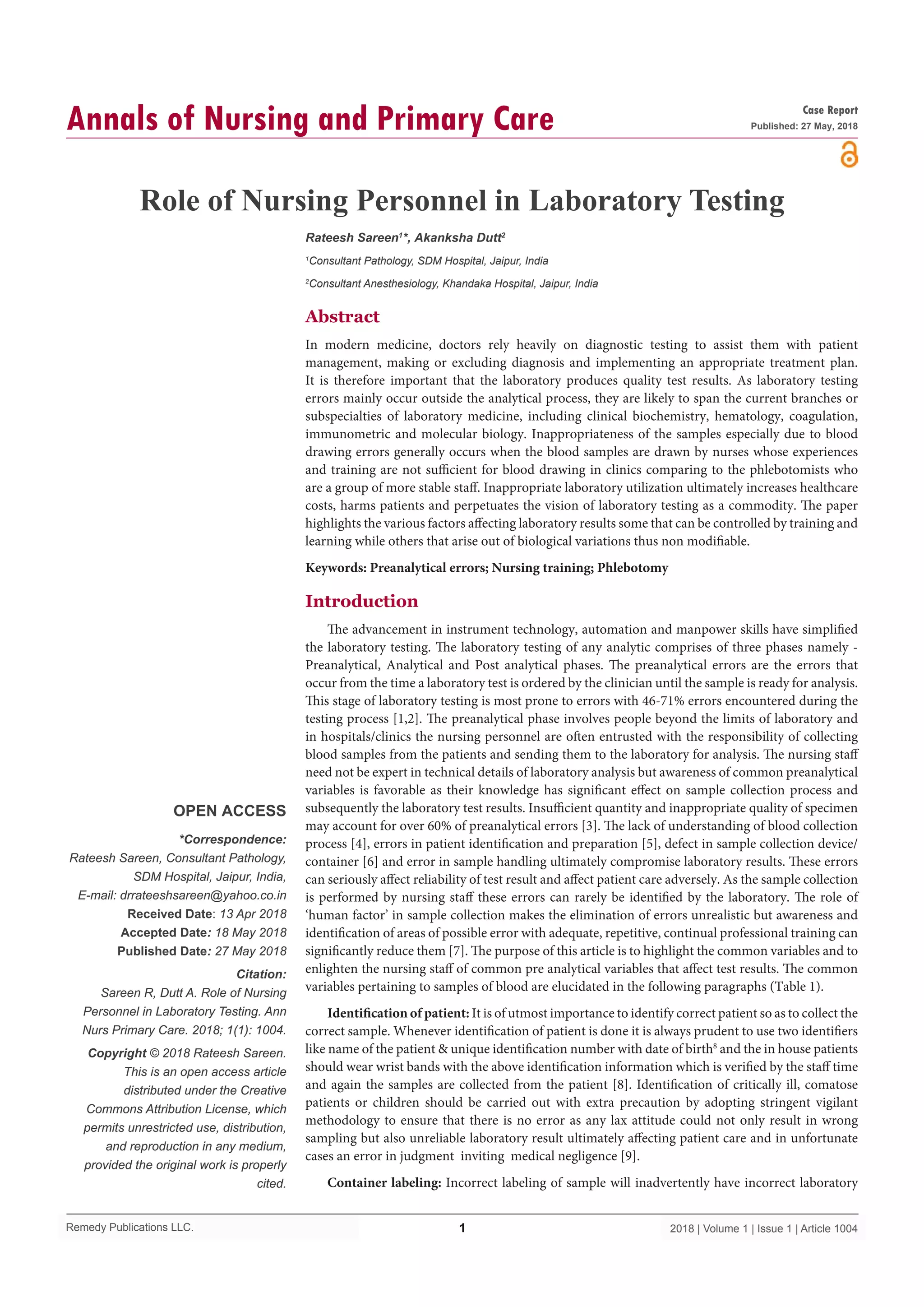 Role of nursing personnel in laboratory testing | PDF | Endocrine and ...