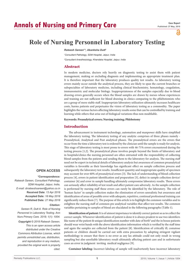 Role of nursing personnel in laboratory testing | PDF | Endocrine and ...