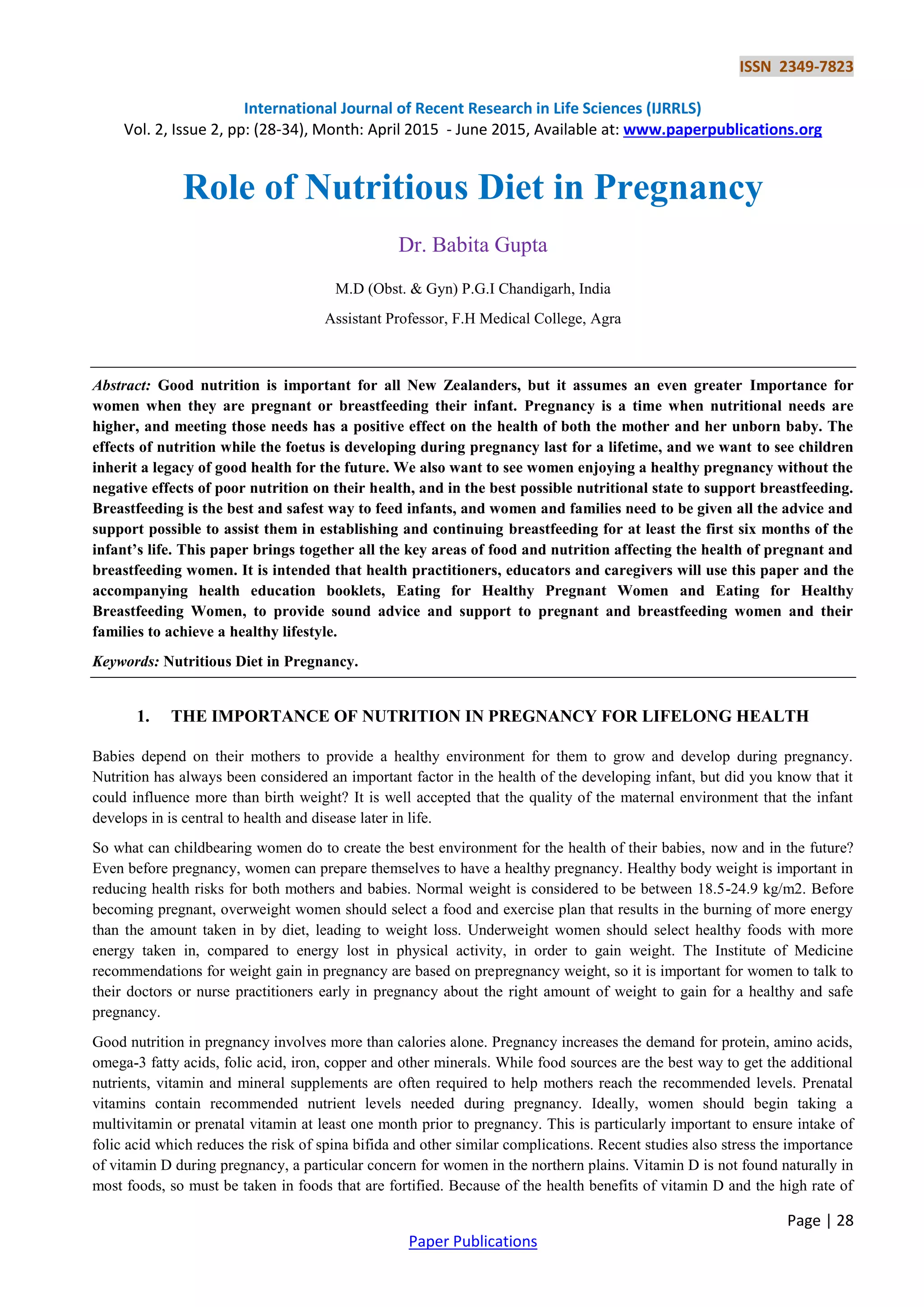 Role of Nutritious Diet in Pregnancy | PDF