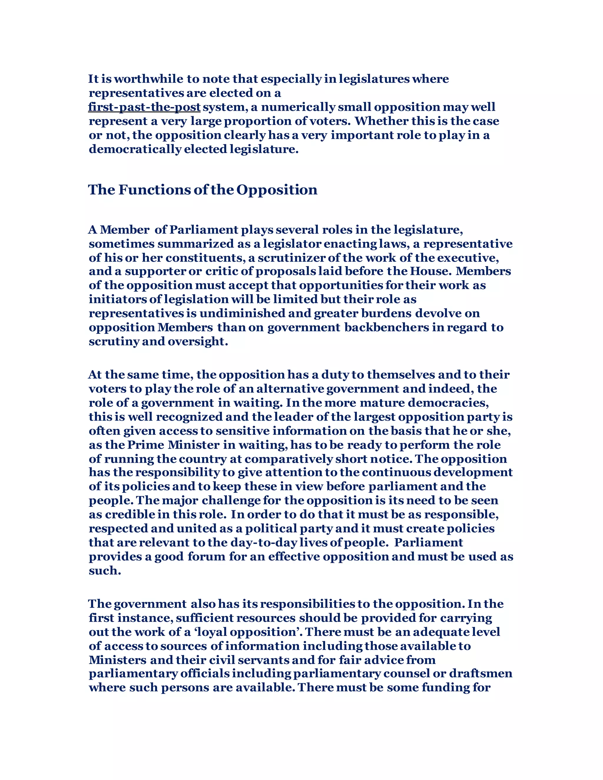 ROLE OF OPPOSITION IN DEMOCRACY.docx | Elections | Politics
