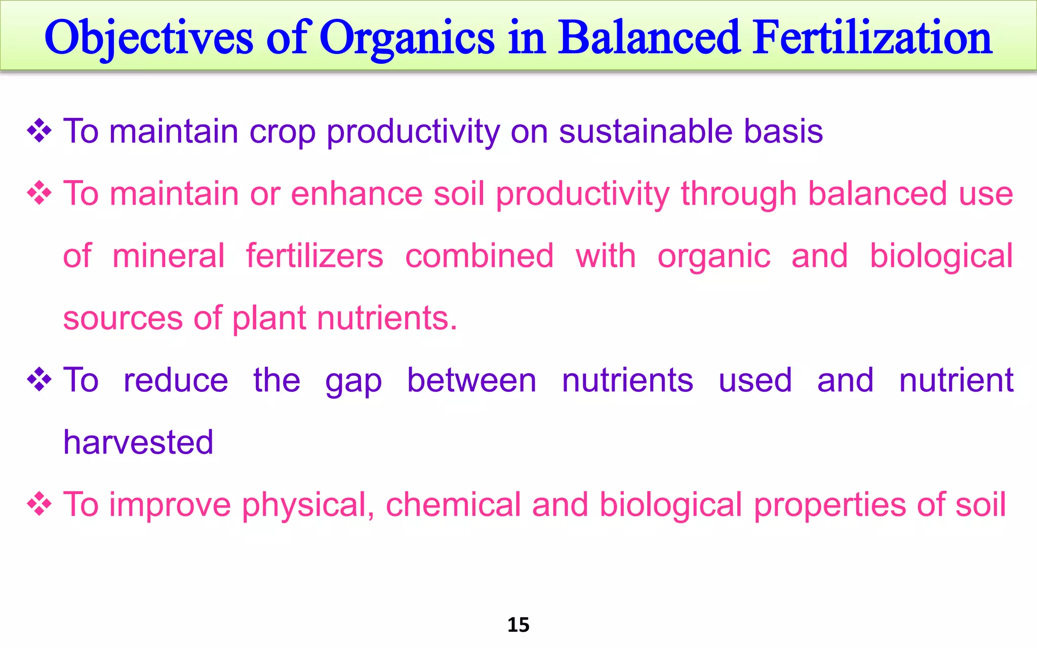 Role of organics in balanced fertilization | PPTX | Agriculture ...