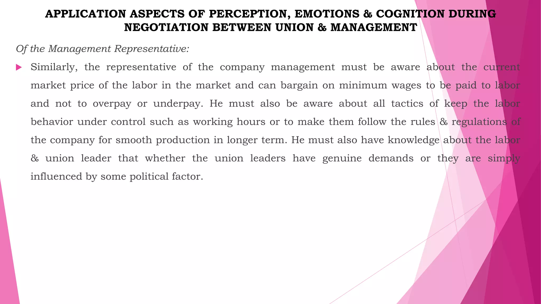 Role of perception, emotions & cognition in negotiation between Union ...