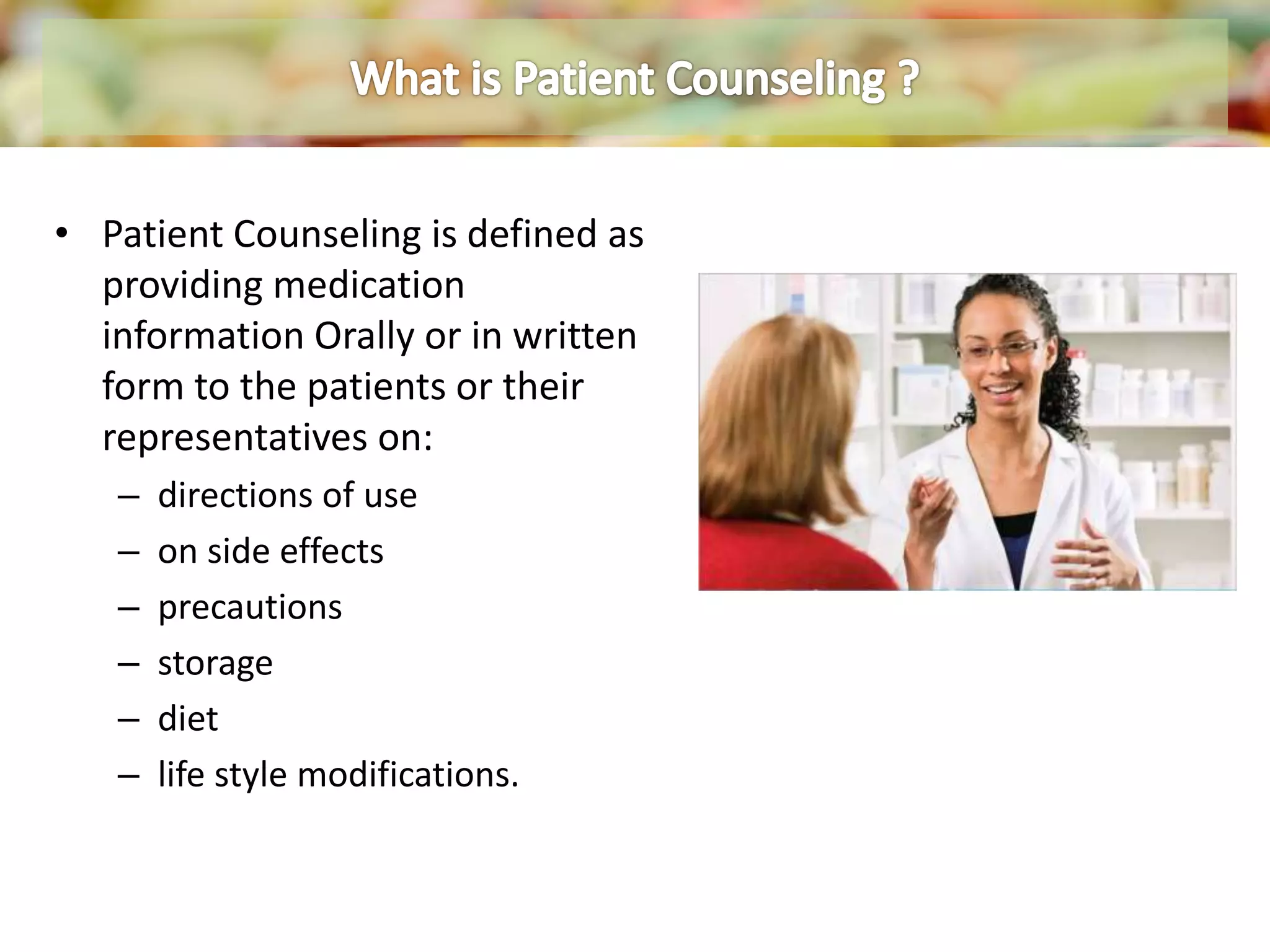 Role of pharmacist in patient counselling | PPTX