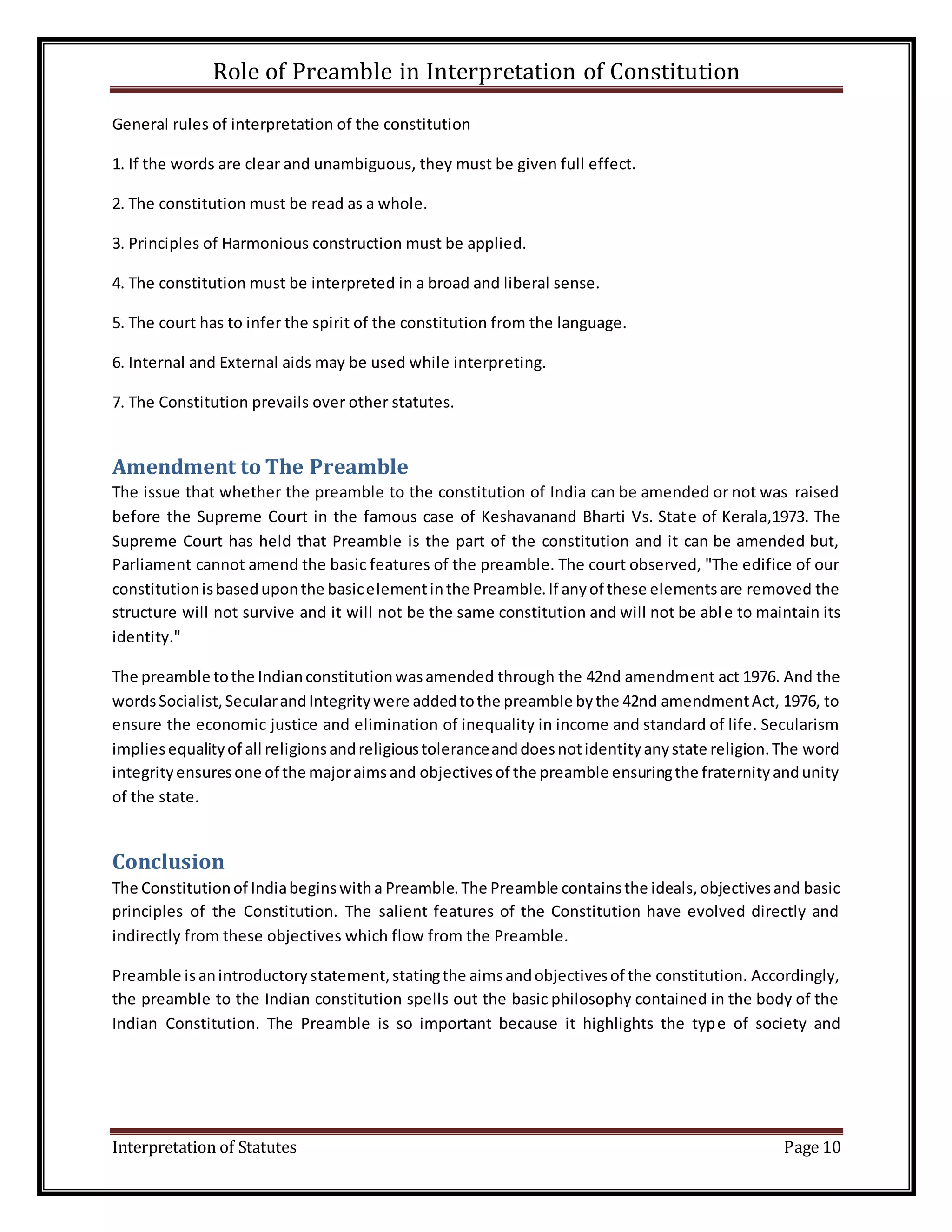 Role of preamble in the interpretation of constitution | DOCX