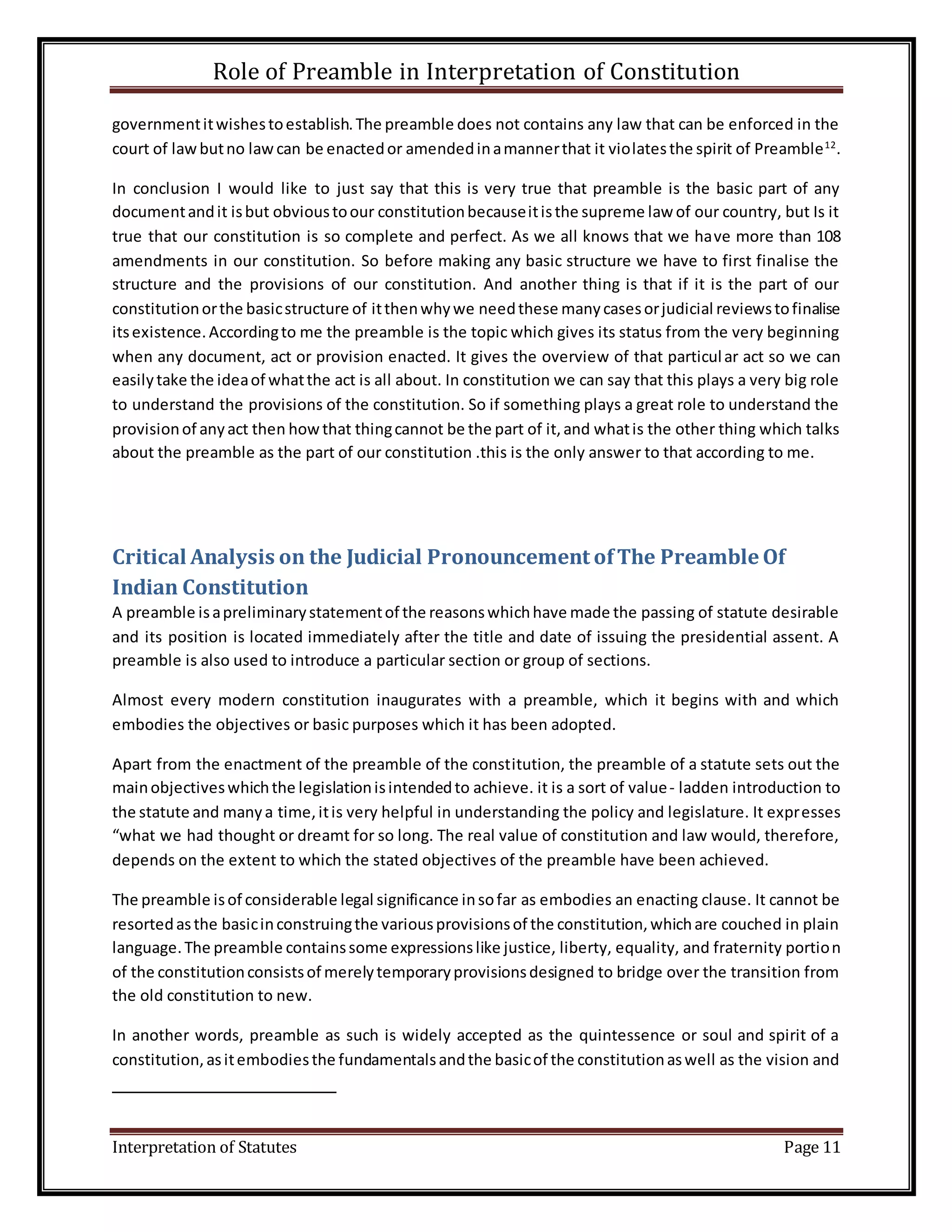 Role of preamble in the interpretation of constitution | DOCX