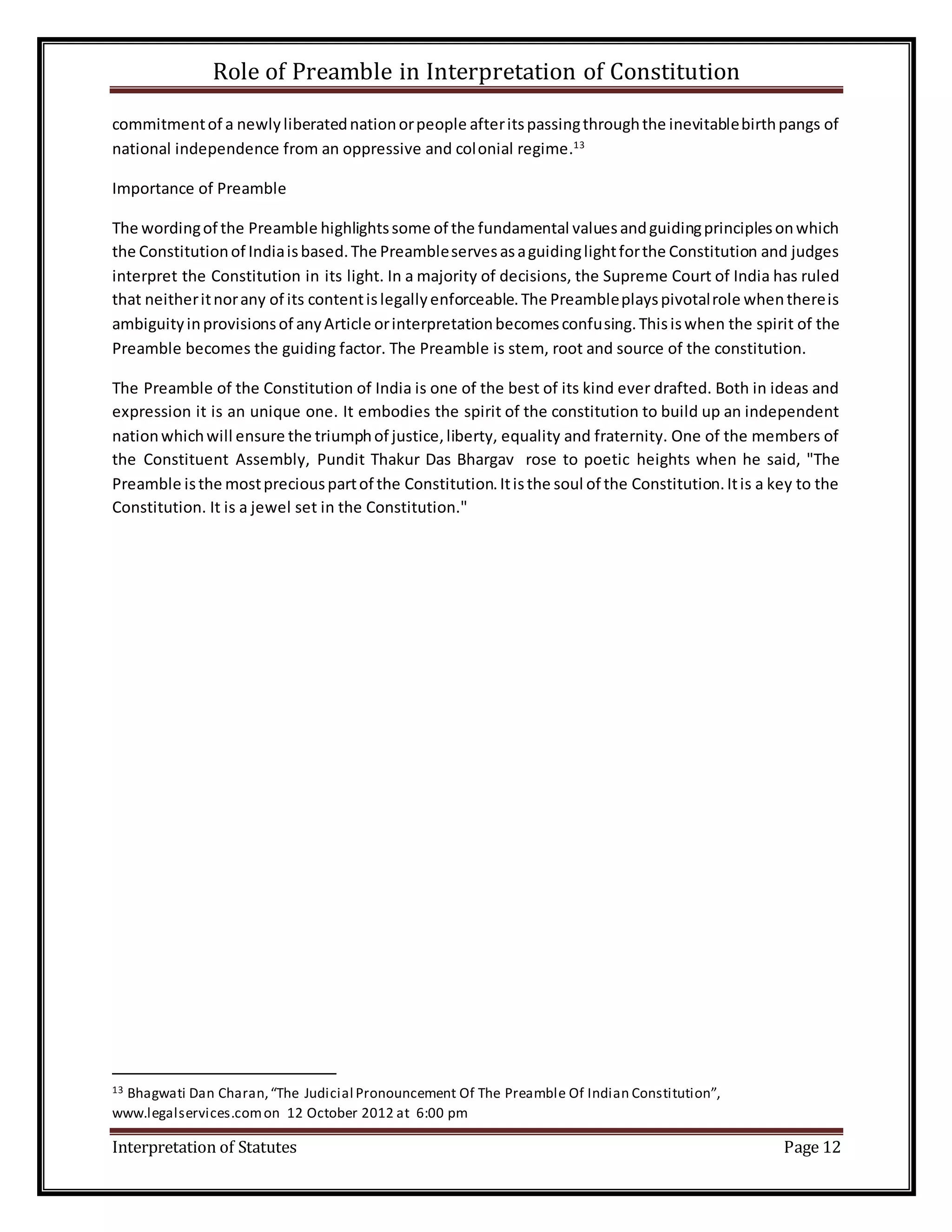 Role of preamble in the interpretation of constitution | DOCX