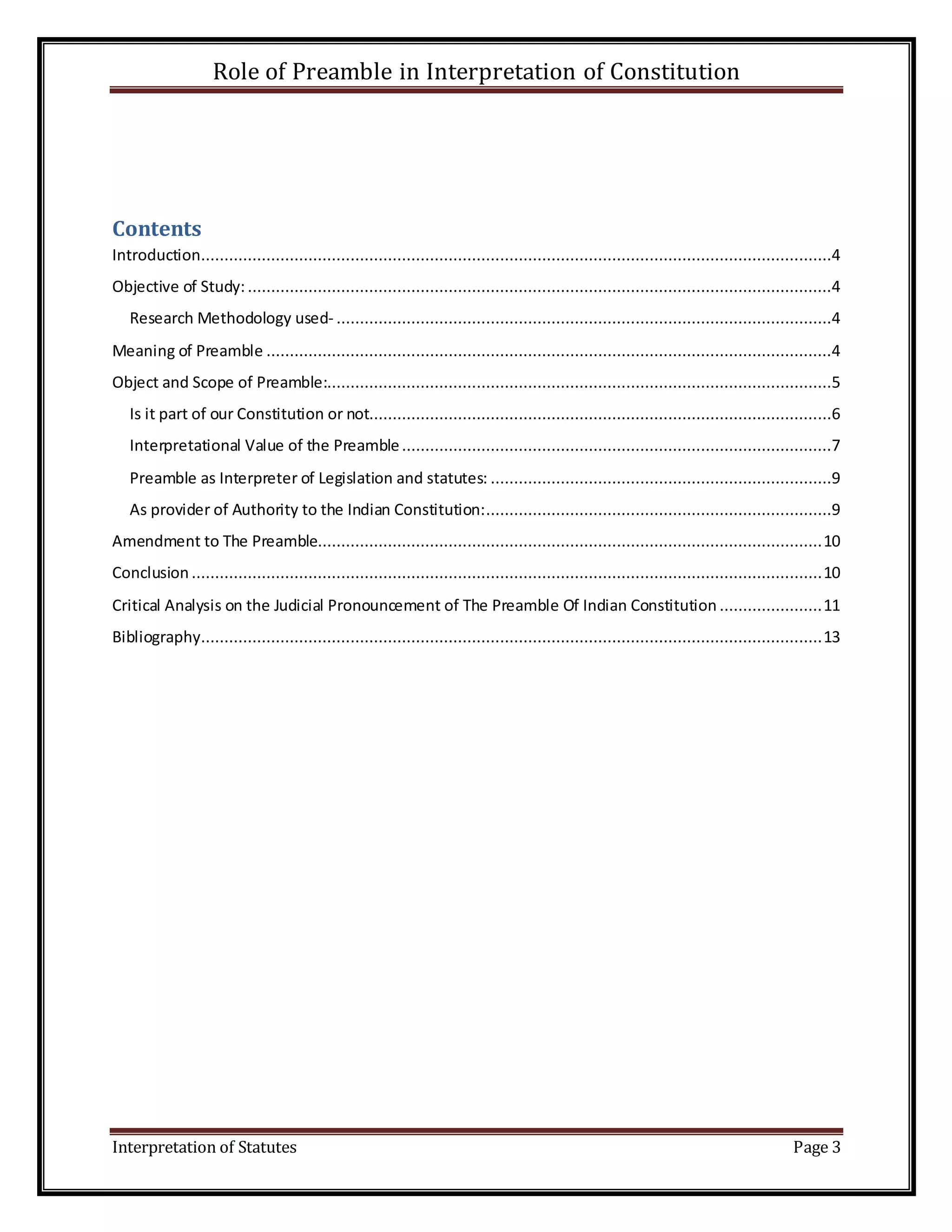 Role of preamble in the interpretation of constitution | DOCX