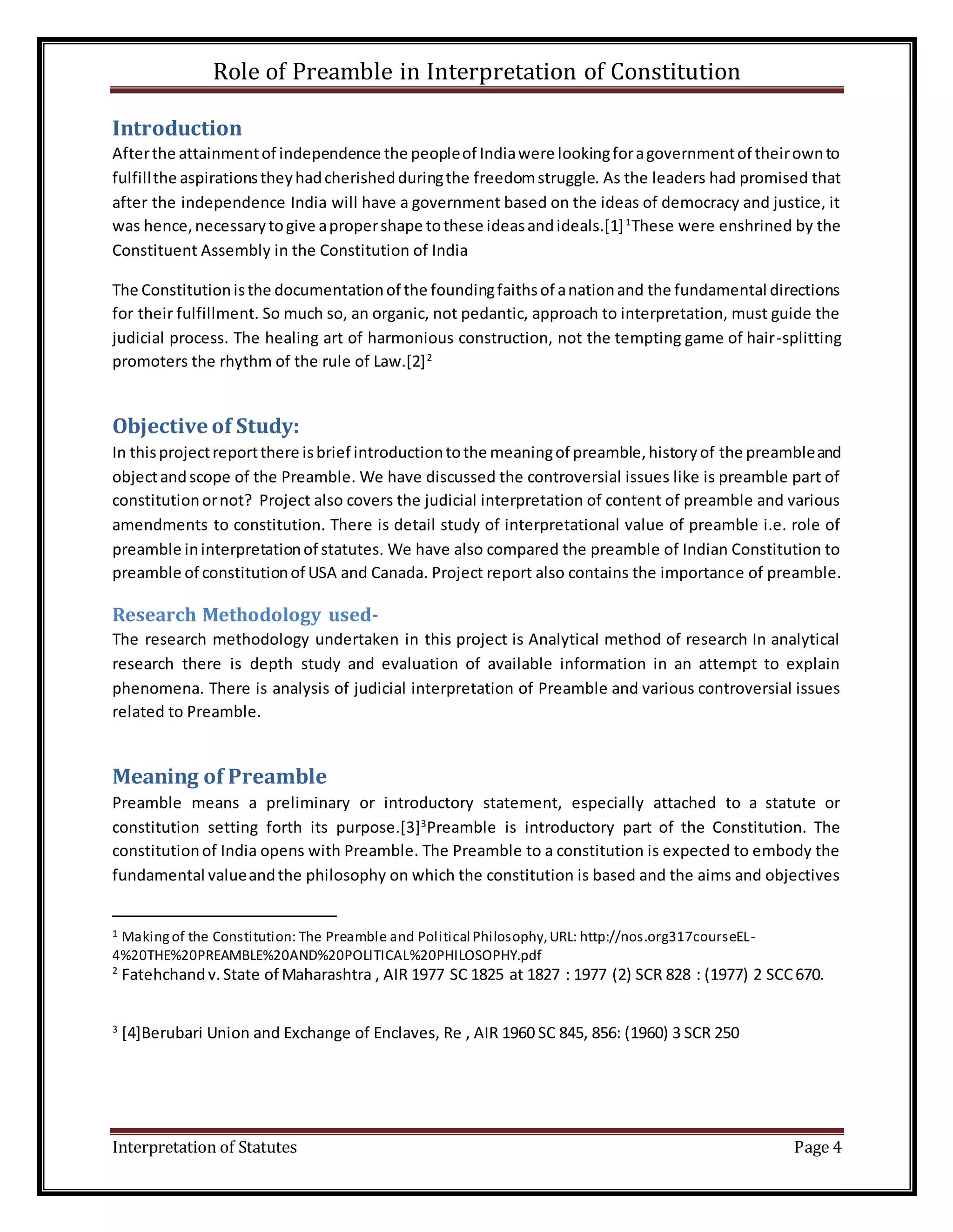 Role of preamble in the interpretation of constitution | DOCX