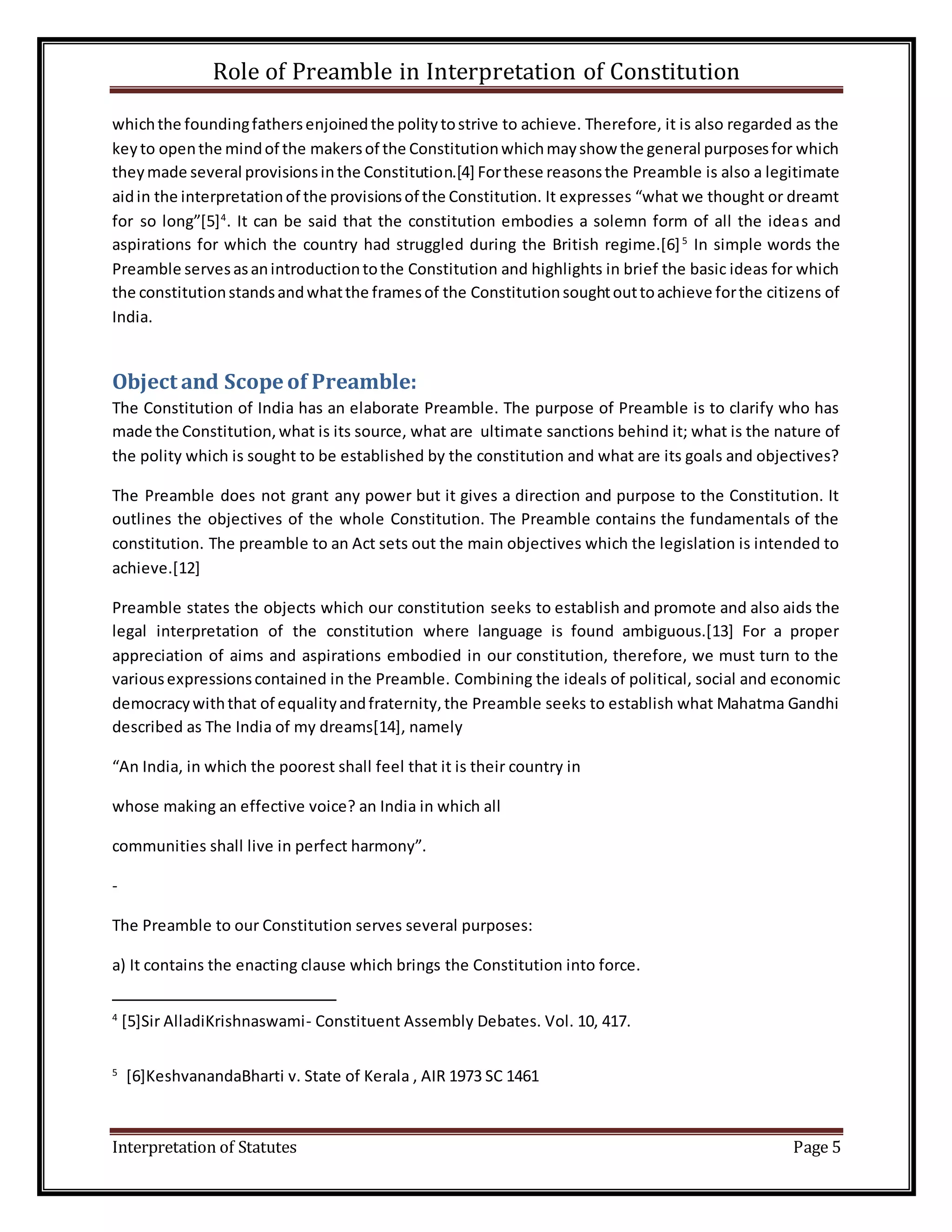 Role of preamble in the interpretation of constitution | DOCX