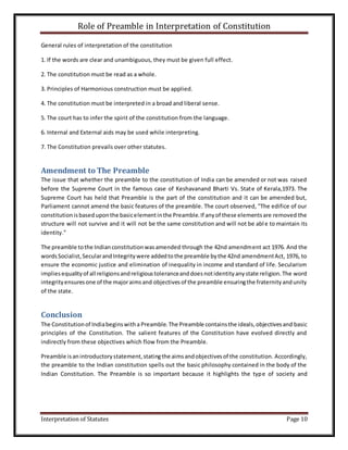 Role of preamble in the interpretation of constitution | DOCX