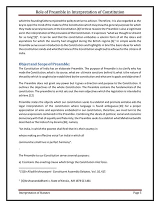 Role of preamble in the interpretation of constitution | DOCX