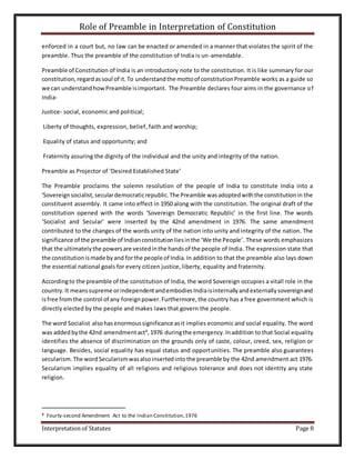 Role of preamble in the interpretation of constitution | DOCX