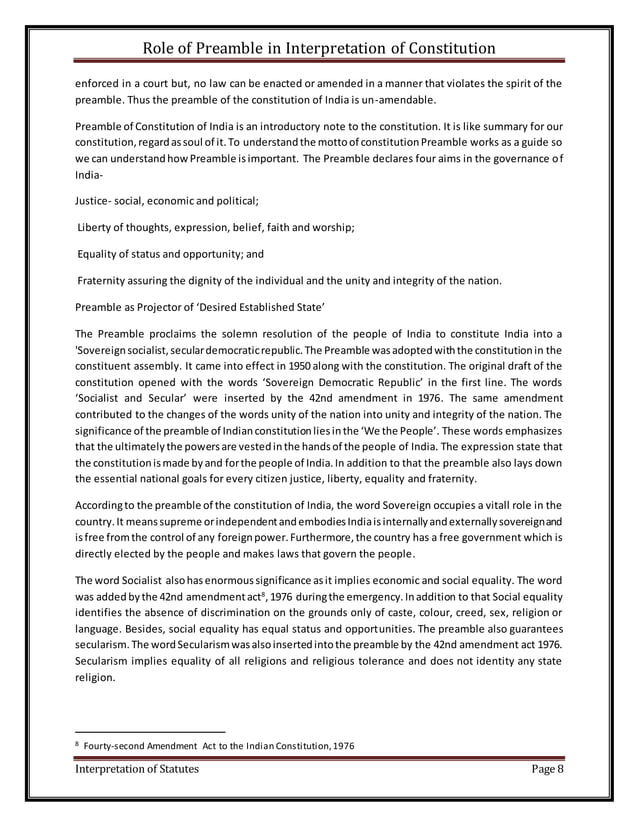 Role of preamble in the interpretation of constitution | DOCX ...