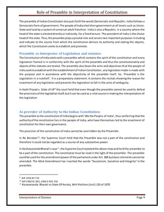Role of preamble in the interpretation of constitution | DOCX