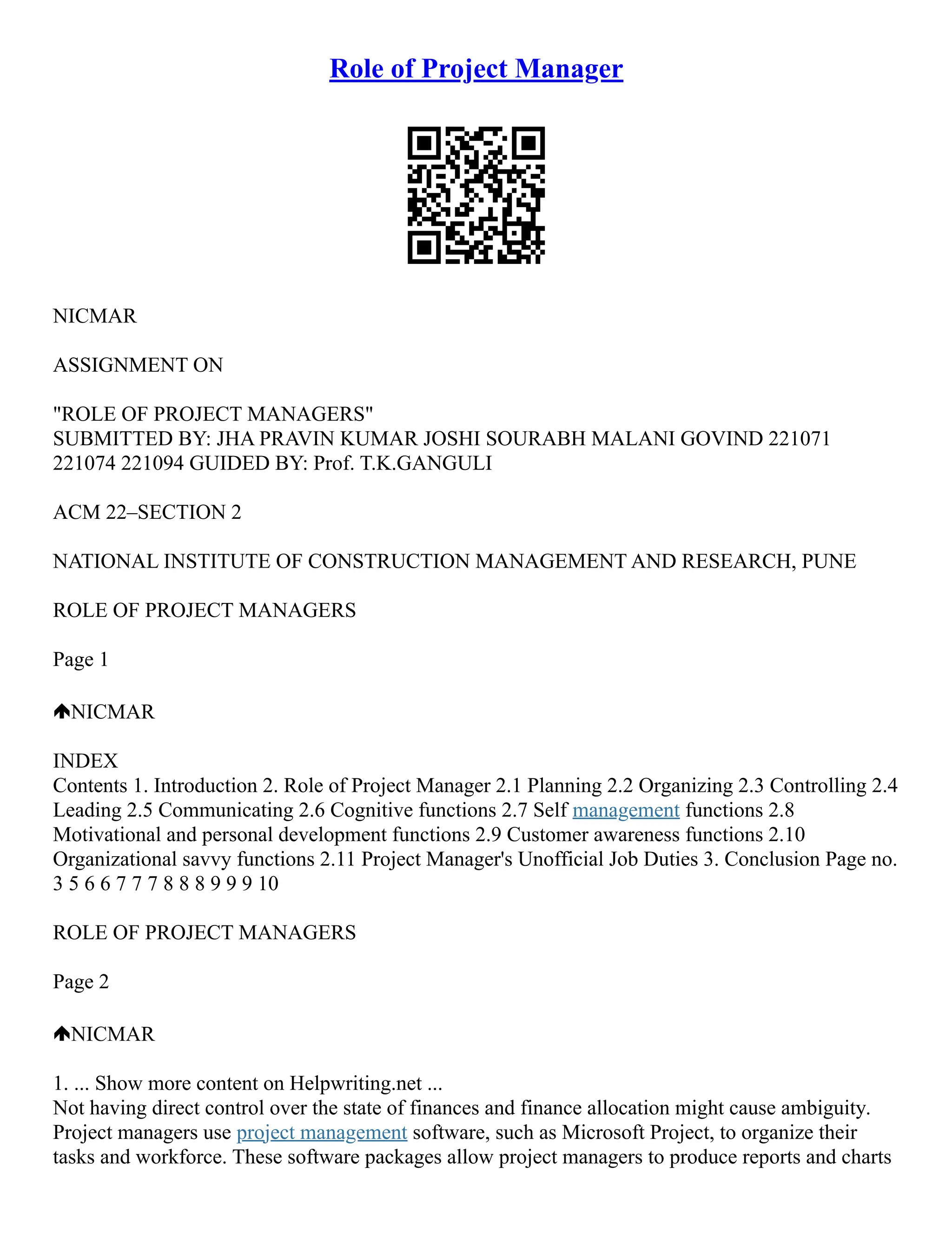 Role Of Project Manager | PDF