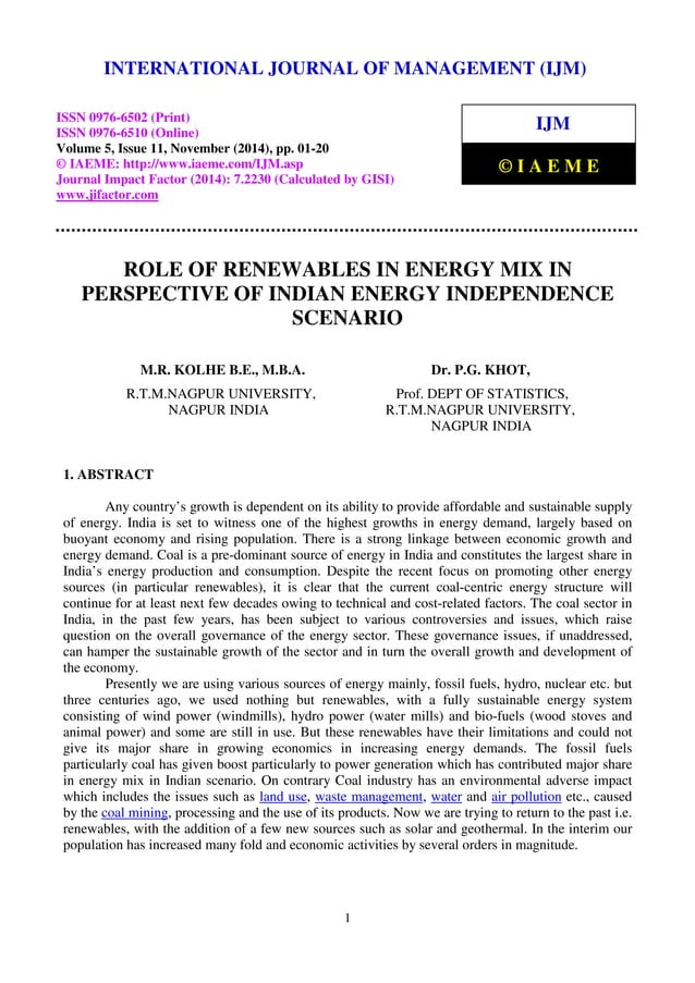 Role of renewables in energy mix in perspective of indian energy ...