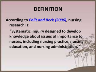 Role of research, leadership and management in nursing | PPTX