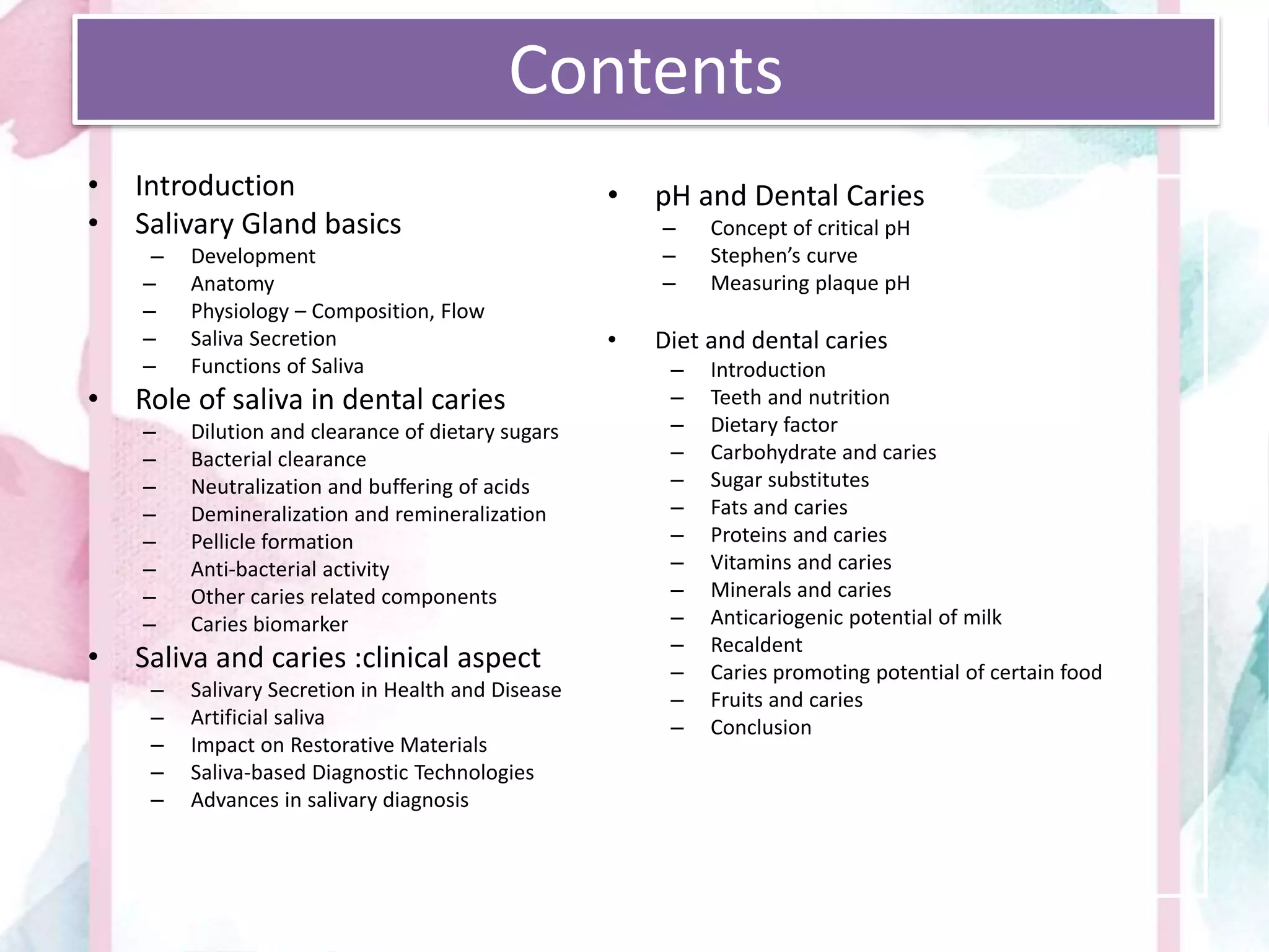 Role of saliva, ph, diet in caries.. | PPTX