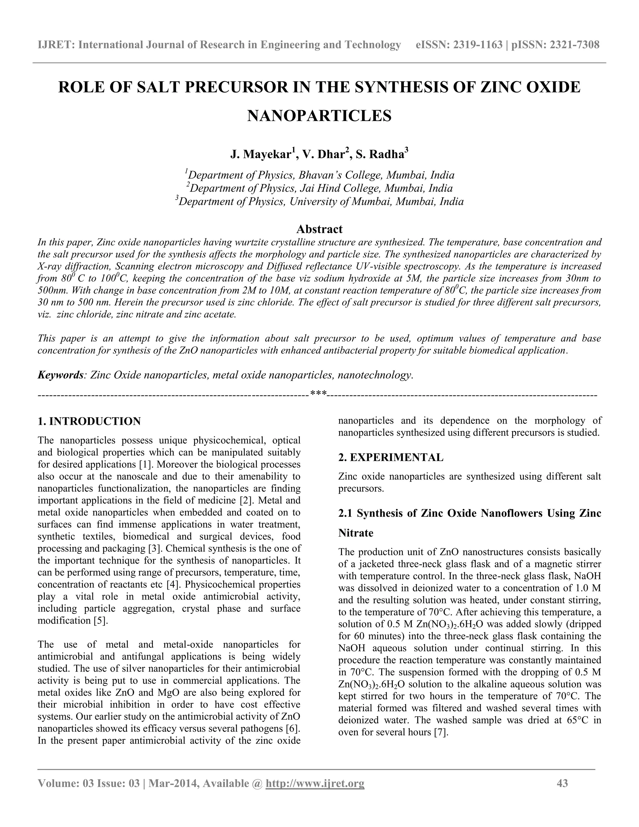 Role of salt precursor in the synthesis of zinc oxide nanoparticles | PDF