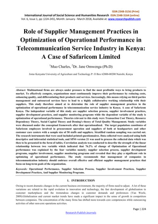 ROLE OF SUPPLIER MANAGEMENT PRACTICES IN OPTIMIZATION OF OPERATIONAL ...