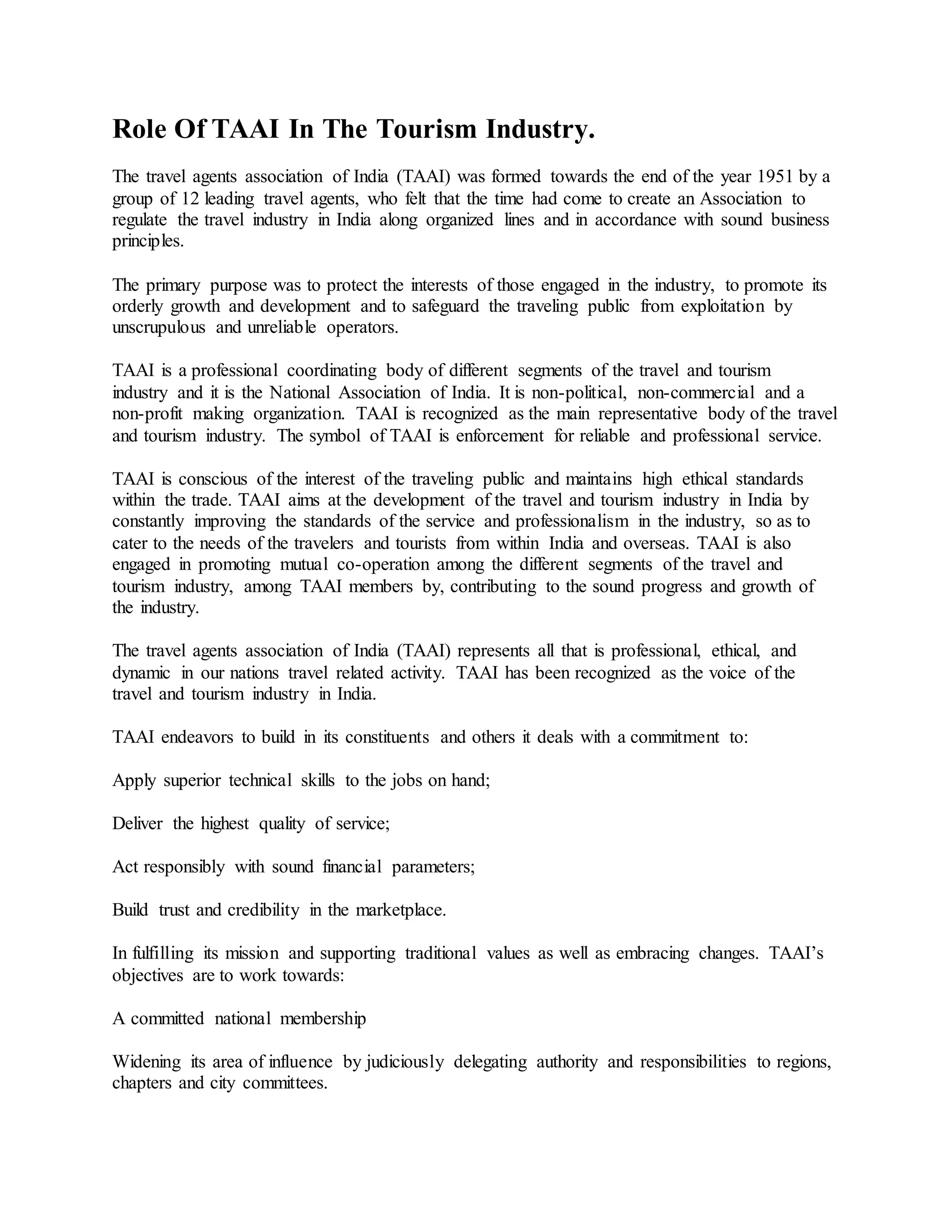 Role of taai in the tourism industry | DOCX