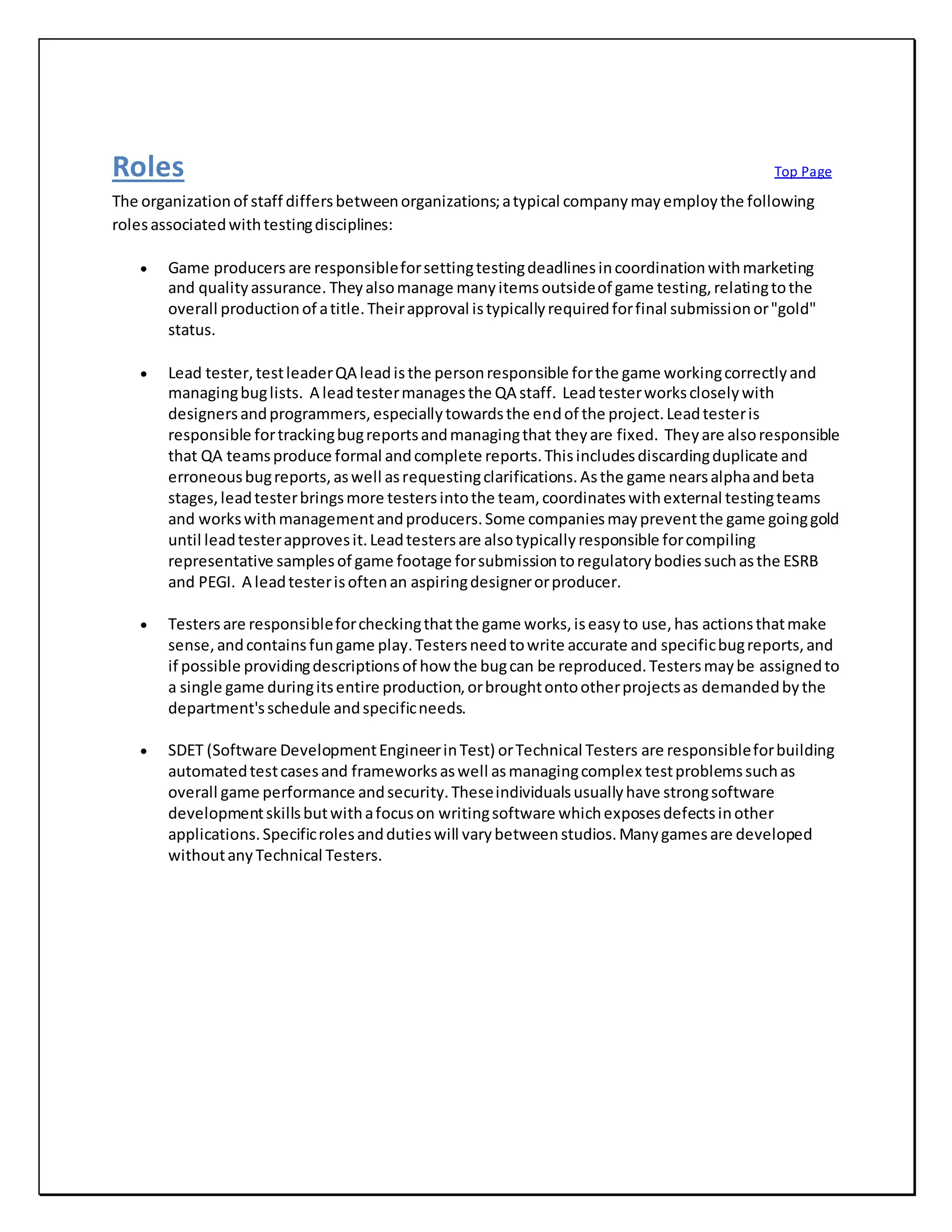 Role of tester in gaming | DOCX