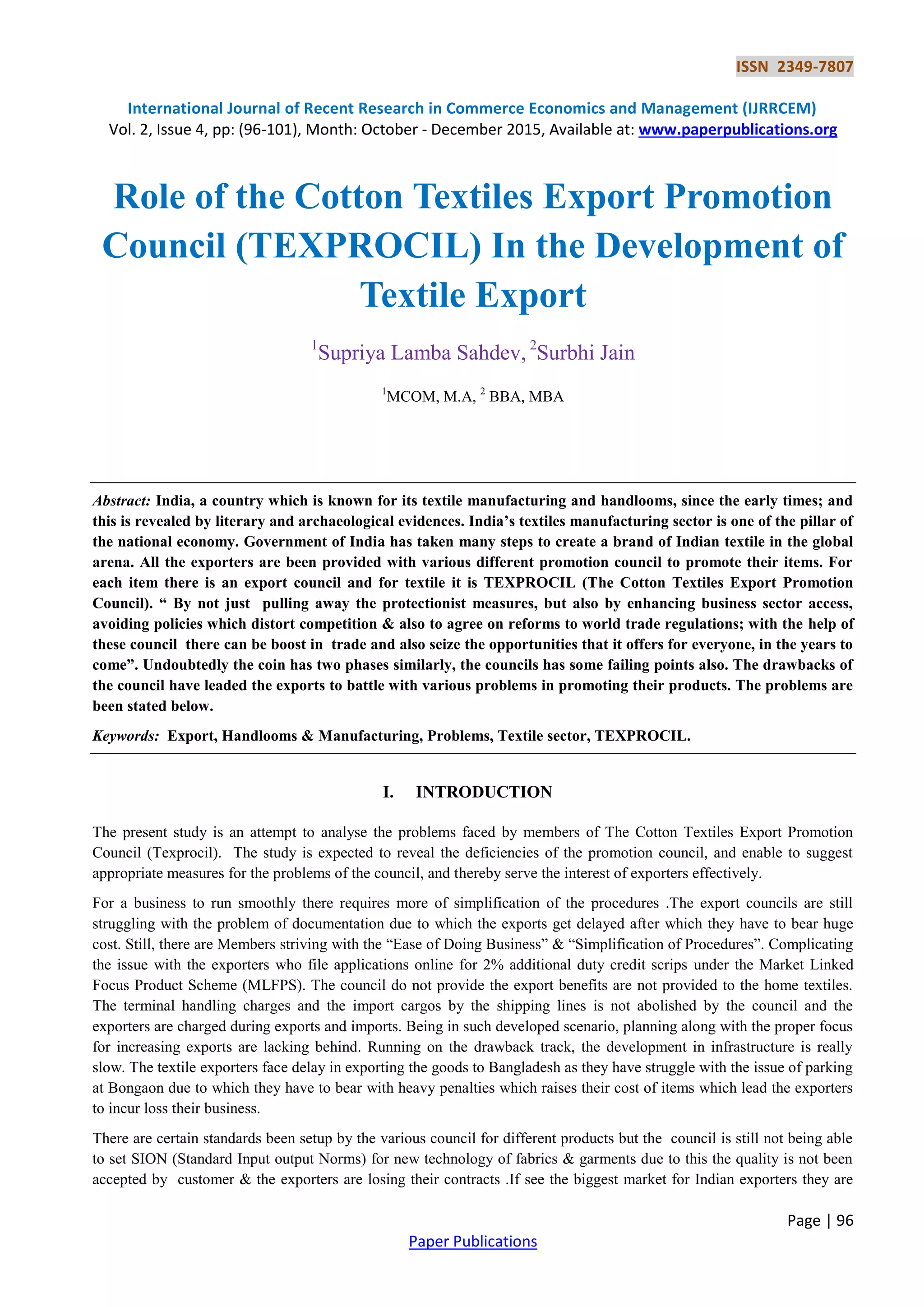 Role of the Cotton Textiles Export Promotion Council (TEXPROCIL) In the ...