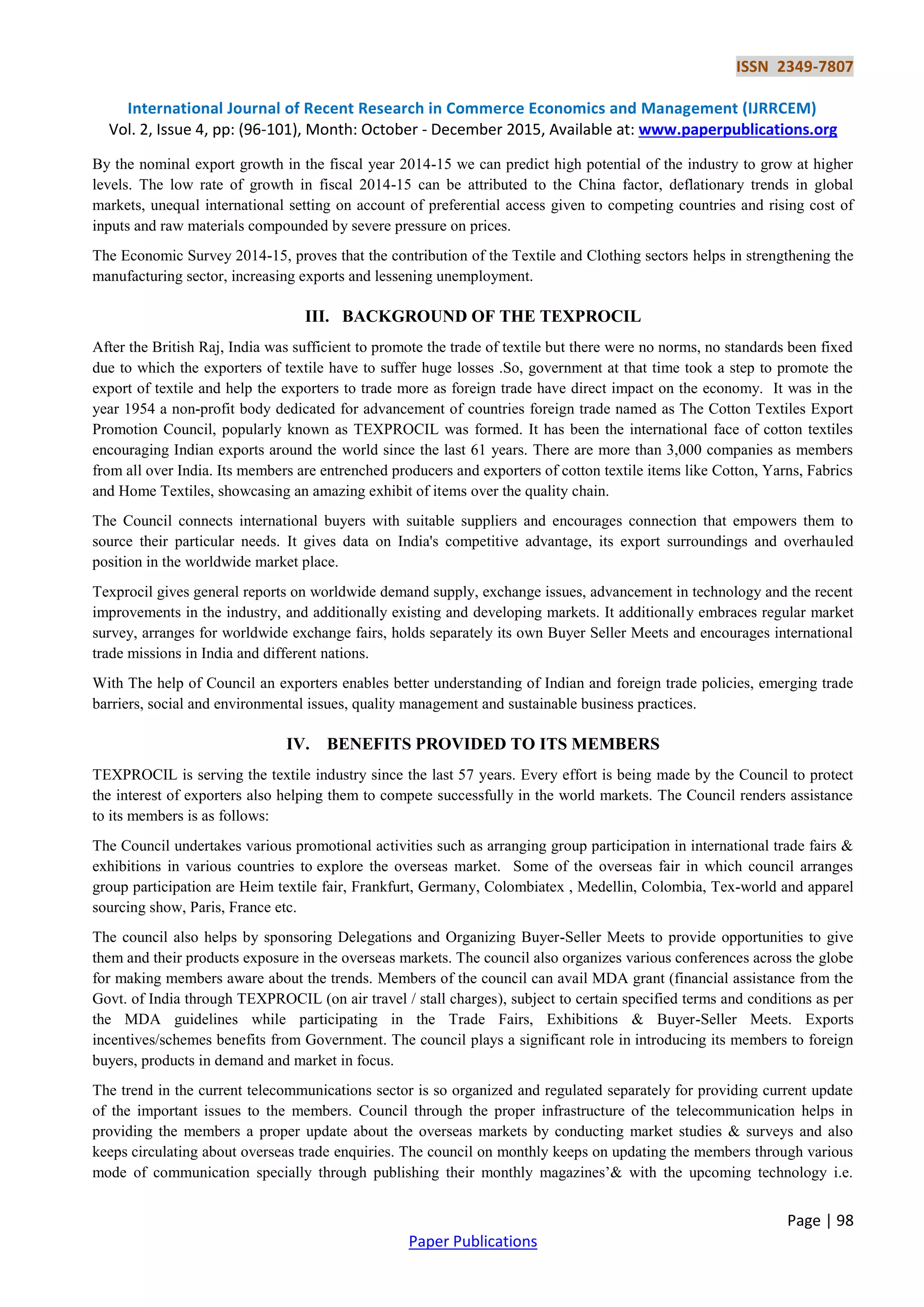 Role of the Cotton Textiles Export Promotion Council (TEXPROCIL) In the ...