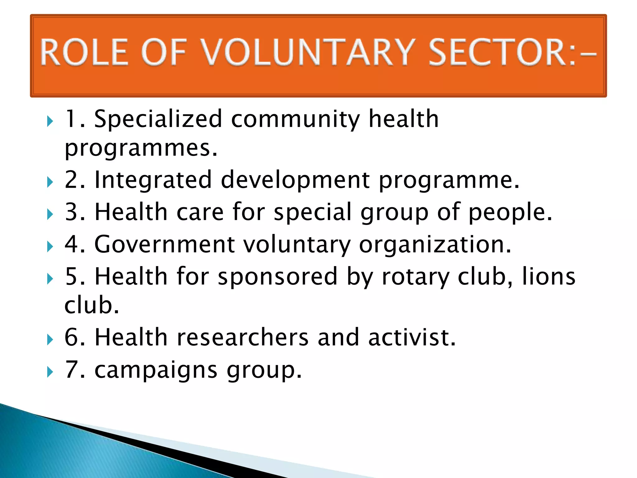 Role of voluntary health organization and international health agencies ...