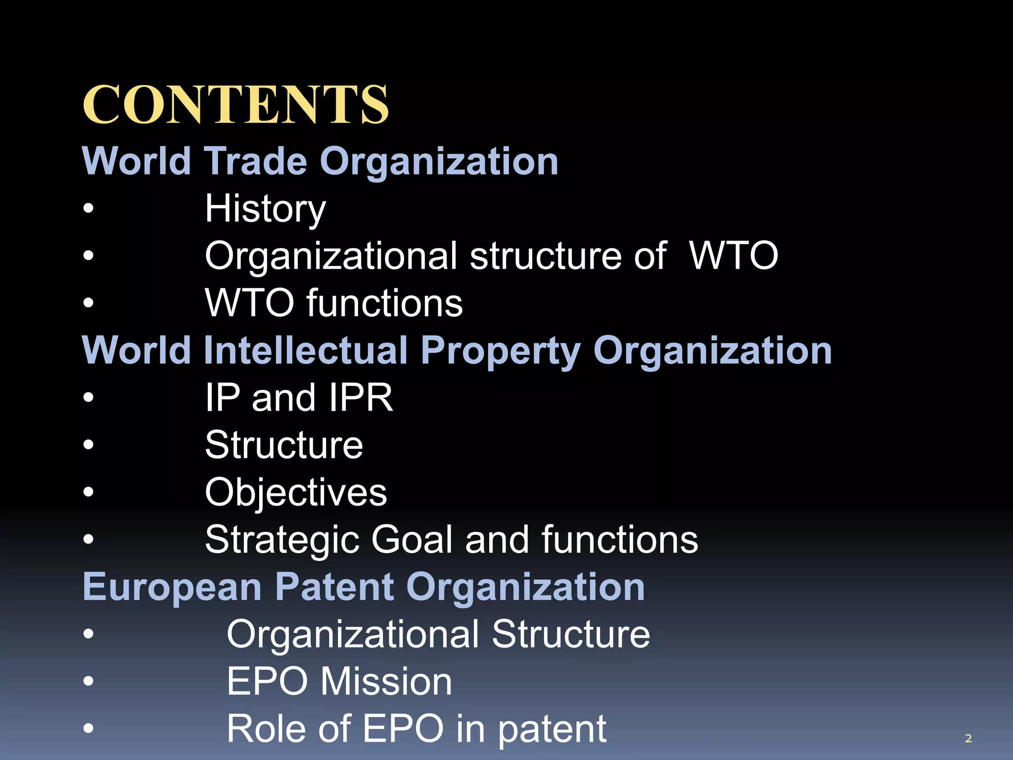 Role of wto wipo & epo in patent pre simple | PPT