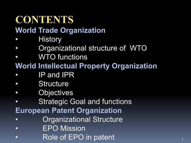Role of wto wipo & epo in patent pre simple | PPT