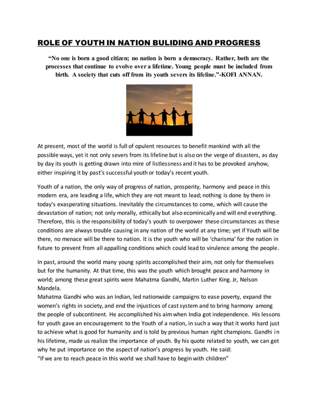 ESSAY on "Role of youth in nation building and progress". | DOCX | Politics