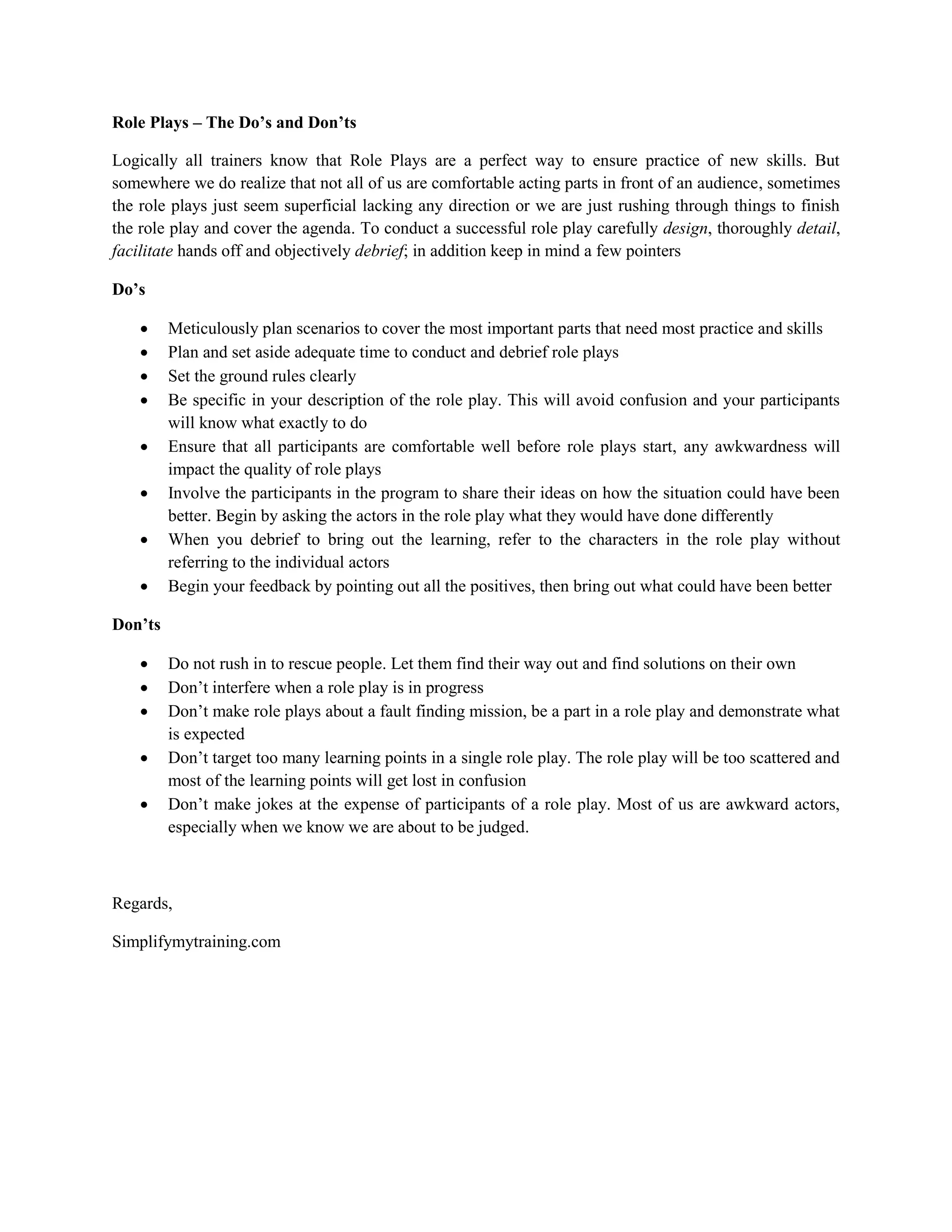 Role plays do's and don'ts | DOCX