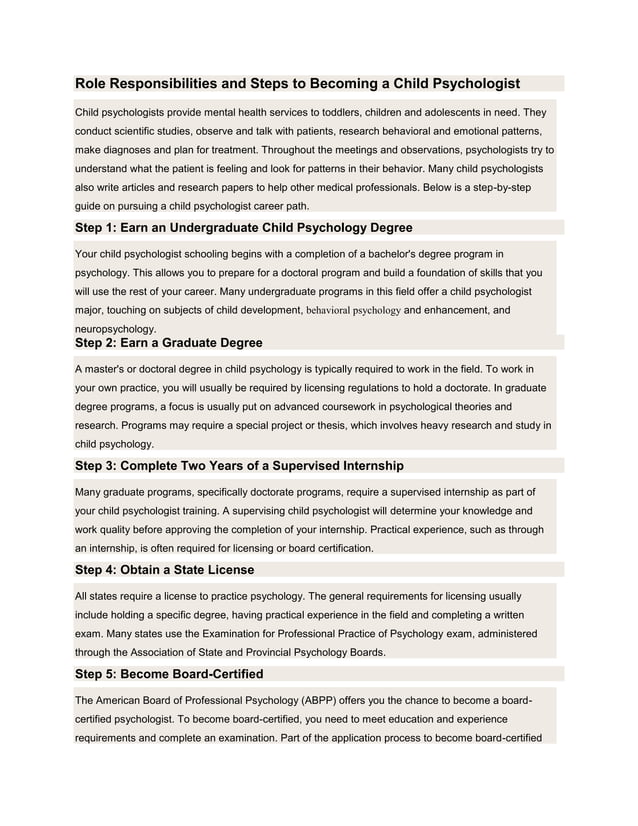 Role responsibilities and steps to becoming a child psychologist | PDF
