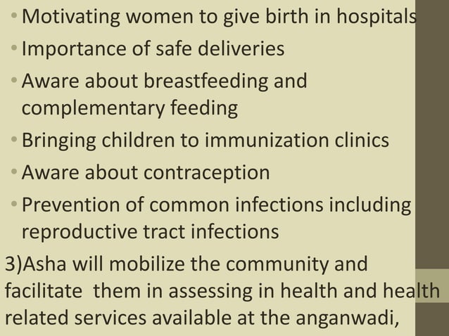 Roles and responsibilities of asha | PPTX | Women\'s Health | Healthy ...