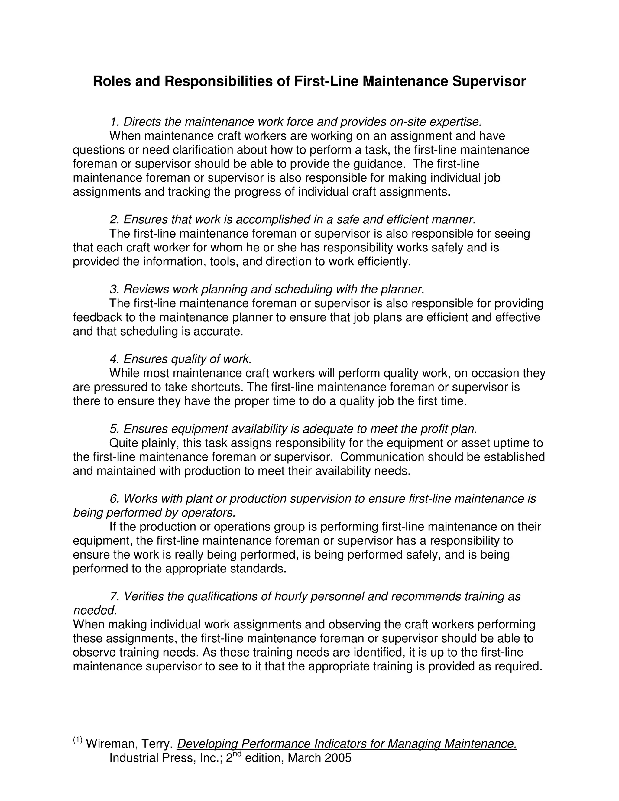 Roles And Responsibilities Of First Line Maintenance Supervisor | PDF