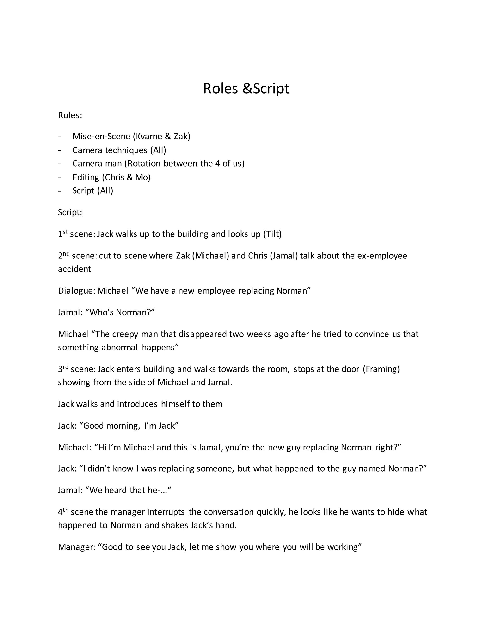 Preliminary Film Plan: Roles & Script | DOCX