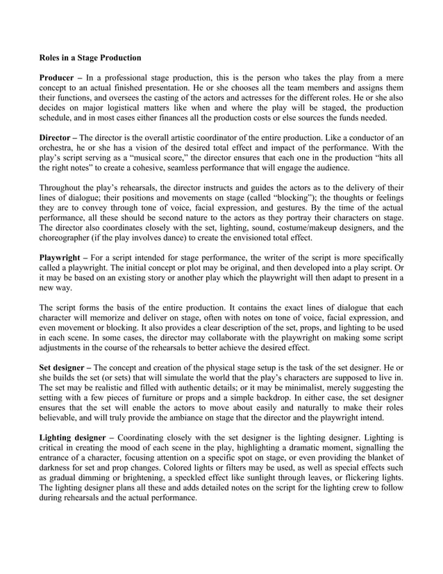 Roles in a stage production arts | DOC | Makeup and Accessories | Beauty