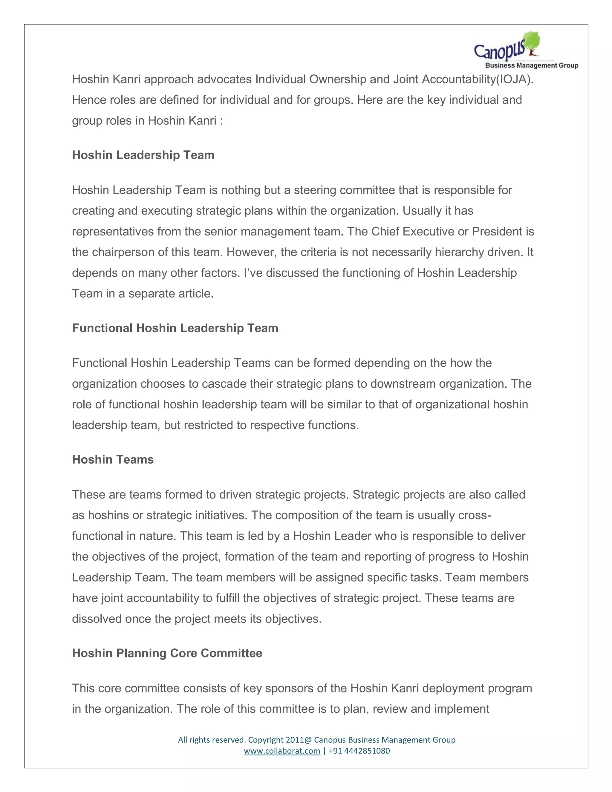 Roles in hoshin kanri strategic management | PDF