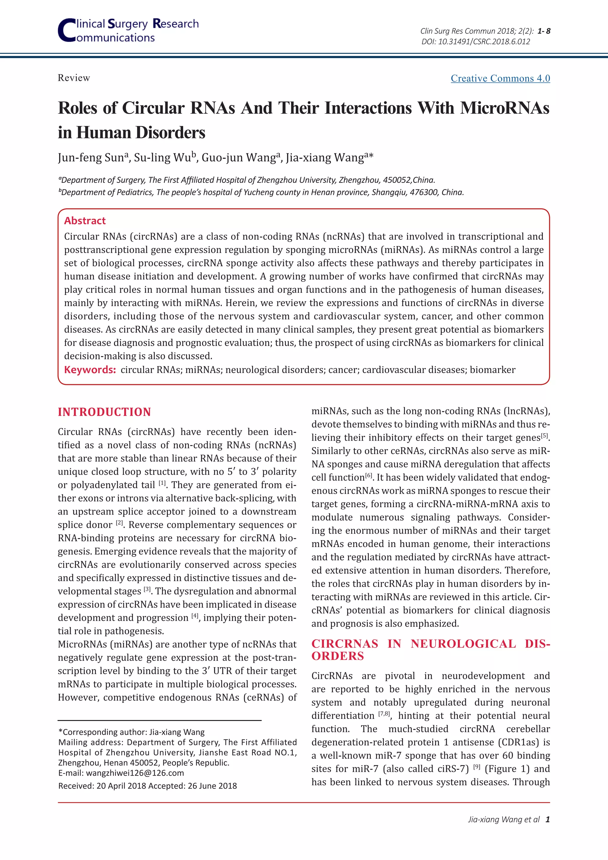 Roles of circular rn as and their interactions with micro rnas in human ...