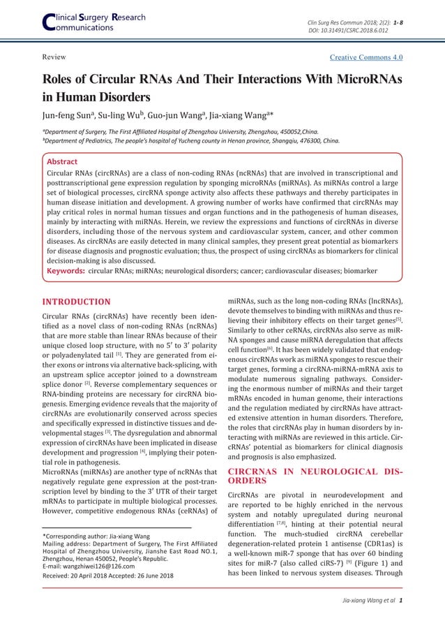 Roles of circular rn as and their interactions with micro rnas in human disorders | PDF