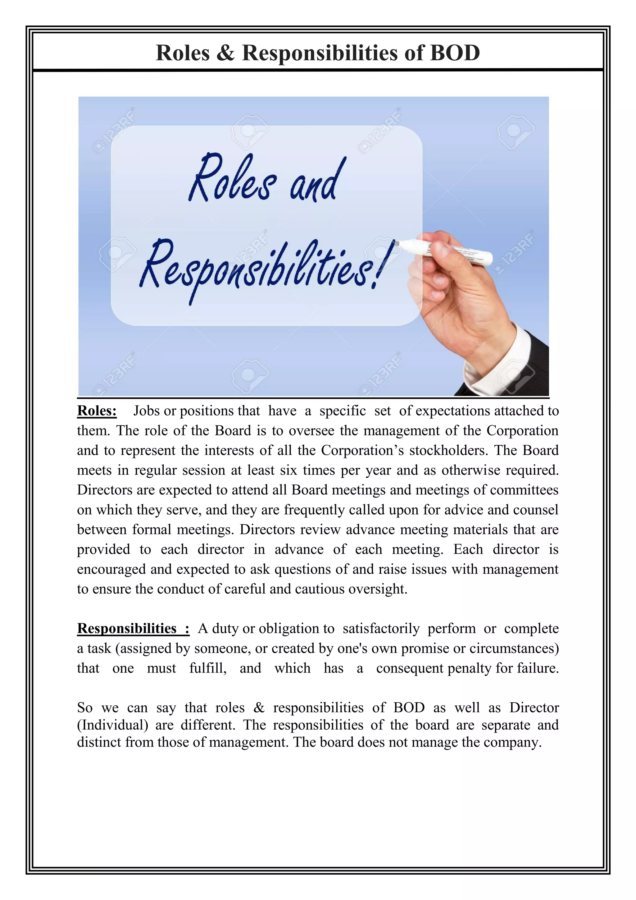 Roles & responsibilities of bod | PDF