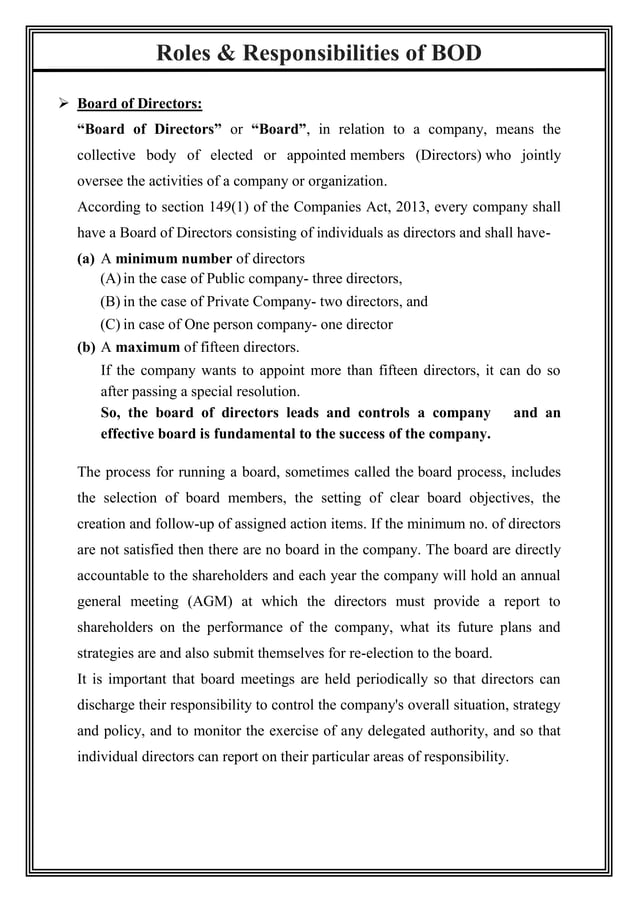 Roles & responsibilities of bod | PDF | Business Accounting & Finance ...