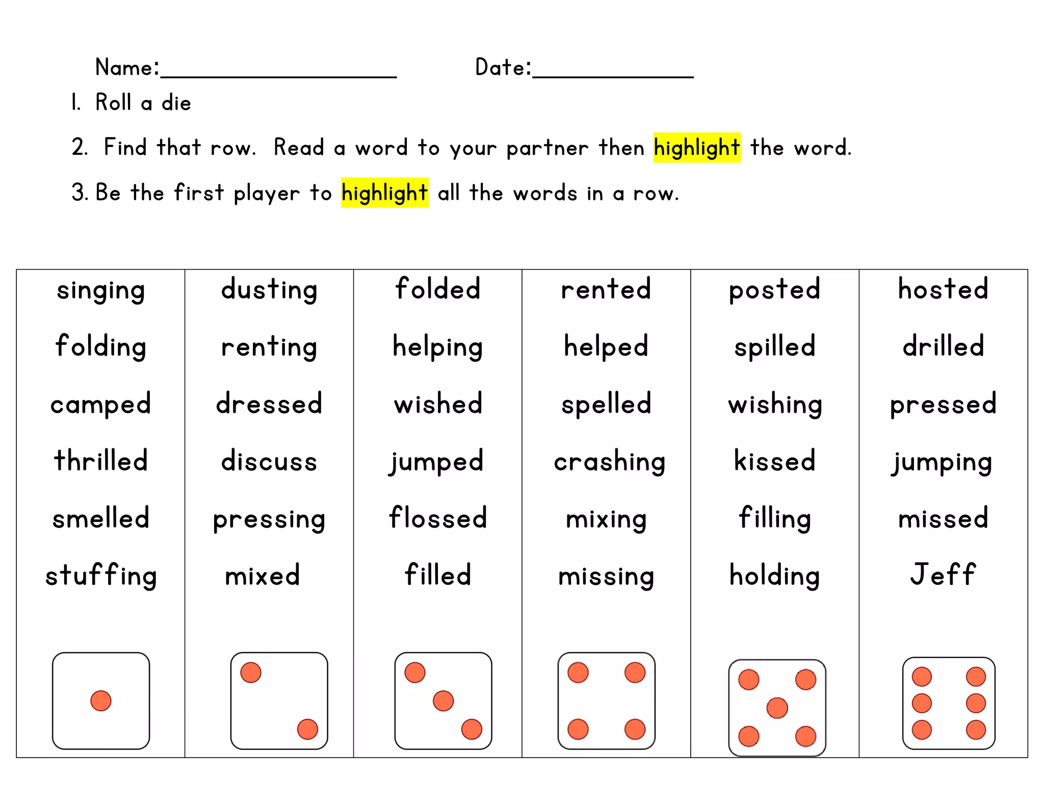 Roll a Word Suffix ed and ing.pdf