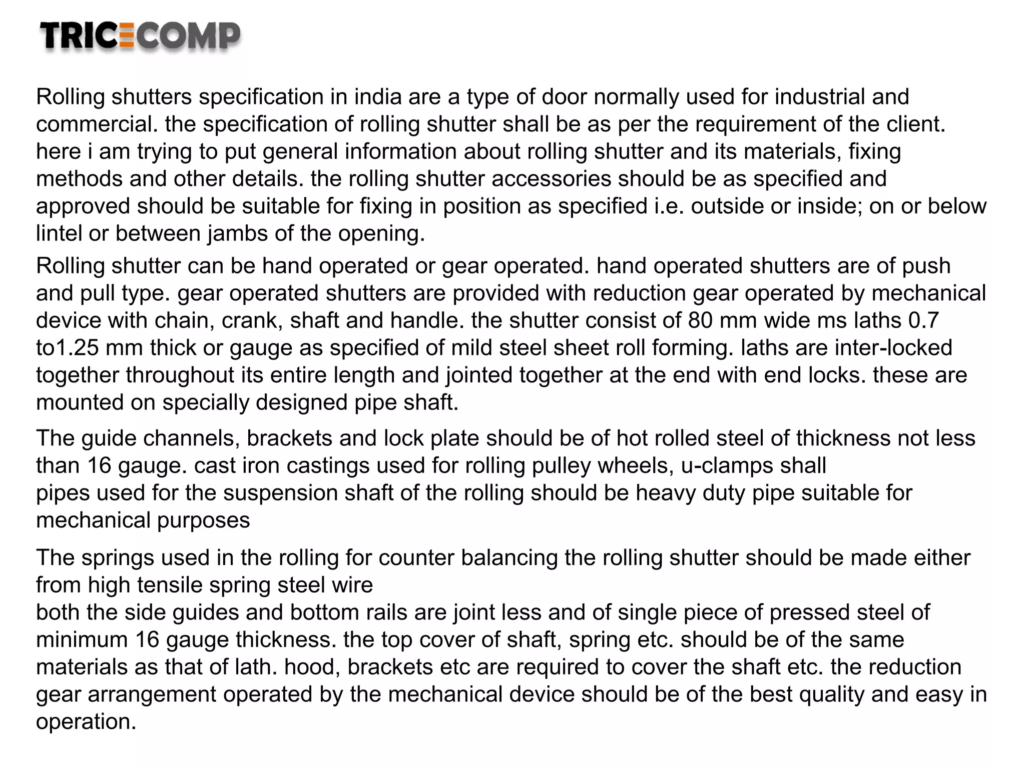 Rolling Shutters Specification in India - SlideShare | PDF