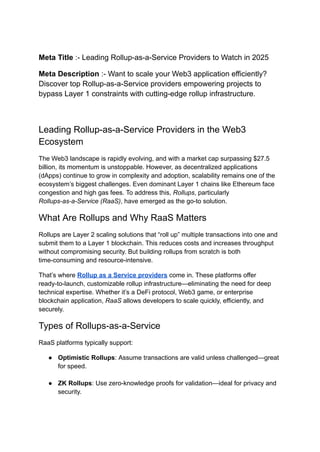 Leading Rollup-as-a-Service Providers to Watch in 2025 | PDF